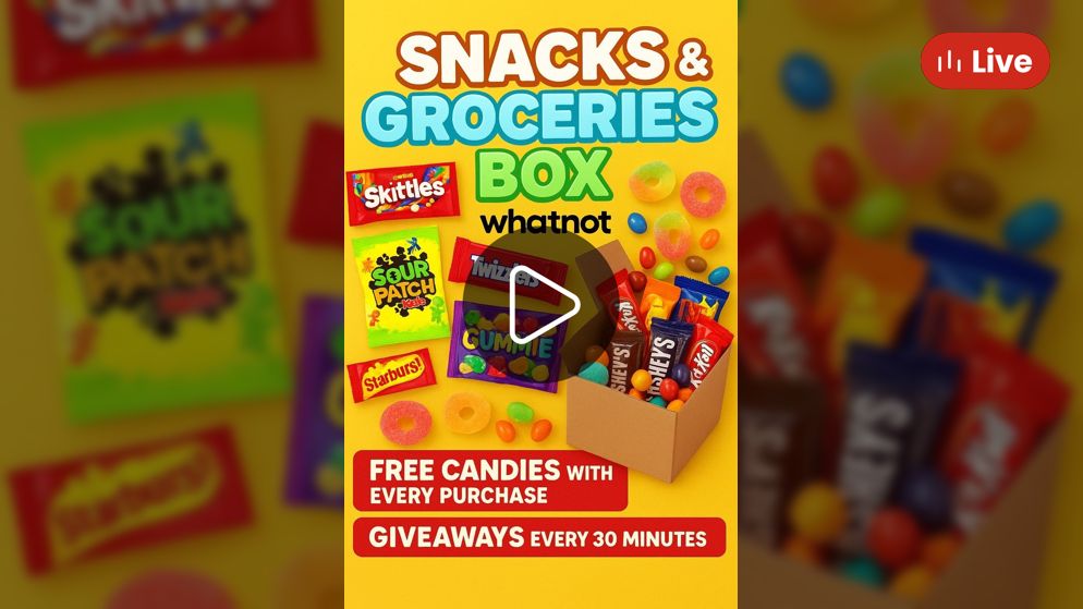 maxiplus is live · Drinks & Snacks · Build a Box, Snacks, Candy · Whatnot: Shop, Sell, Connect