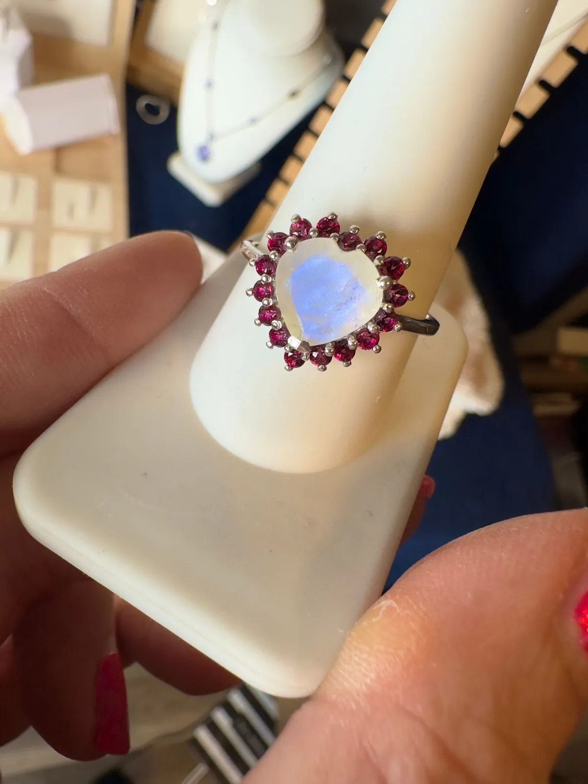 Premium rainbow moonstone signity blazing red topaz heart ring in ...