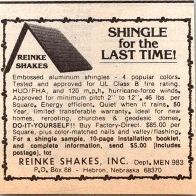 Reinke Shakes Inc Embossed Aluminum Shingles Box 88 Hebron NE 1983 Ad ...