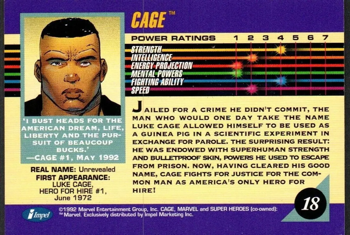 Marvel 1992 Impel Super Heroes Cage Trading Card #18 Ornate EUC Sleeved ...
