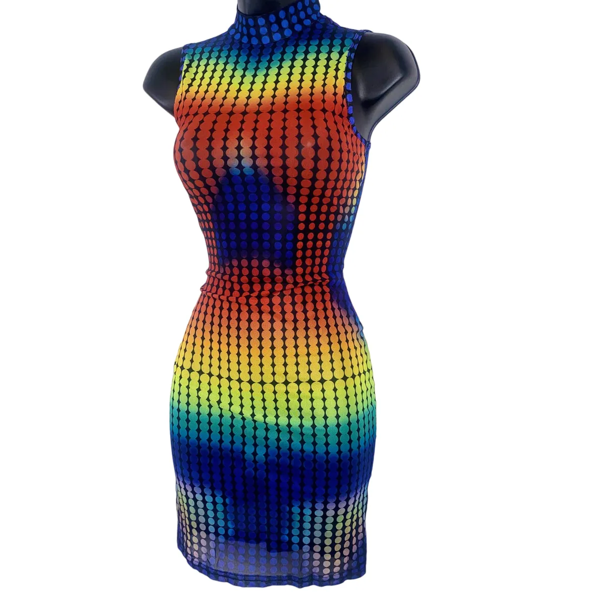NEW Medium Y2k Mesh Rainbow Heatmap 90's Bodycon Mini Dress Sheer Ombre ...
