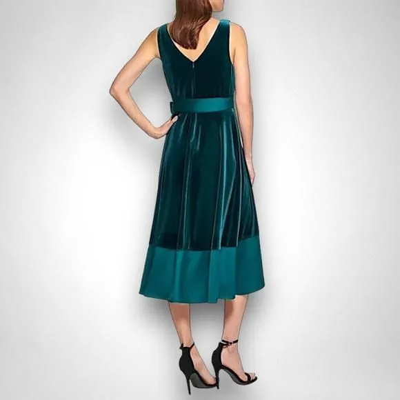DKNY GREEN VELVET MIXED MEDIA SLEEVELESS BELTED DRESS FAUX WRAP DARK ...