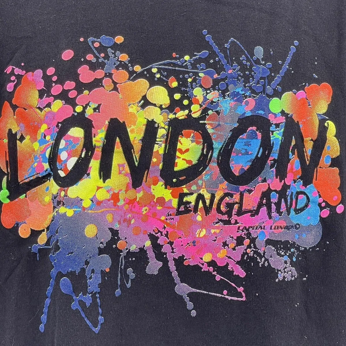 London England Crop Top Sz M Black Cropped T Shirt Neon Splatter Club ...