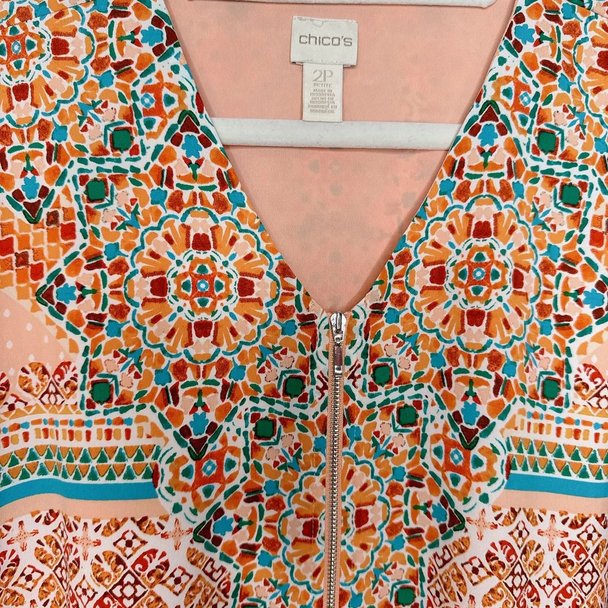 CHICO'S Colorful Tile Print Mosaic Zip Up Blouse Bell Sleeve Jacket ...