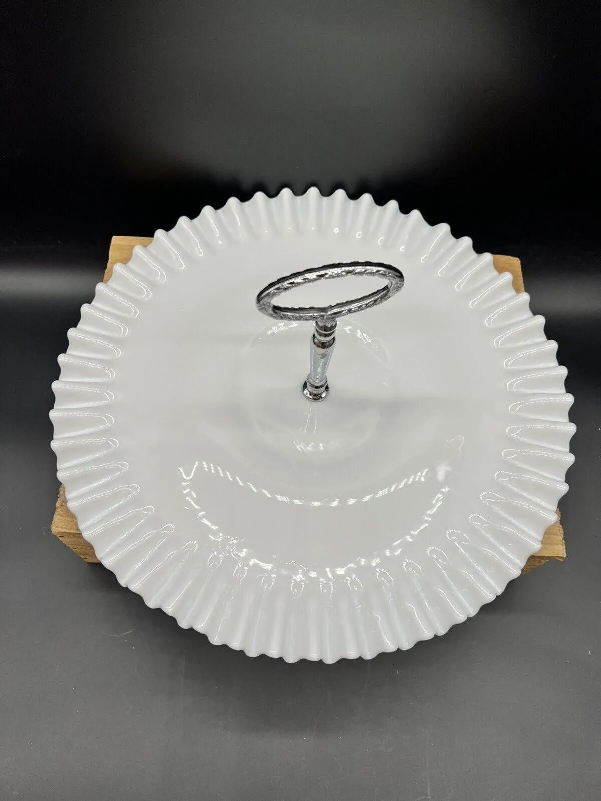 Fenton White Milk Glass Serving Platter Tray Crimped Hobnail Handle ...