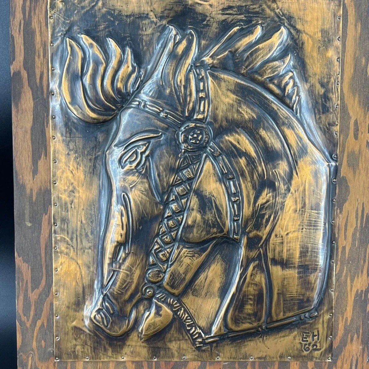 Vintage Copper Metal Equestrian Horse Head In Relief 3D Framed ART ...