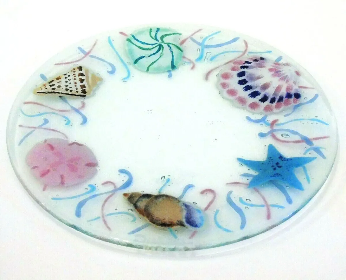 Andra DuRee Martin FUSED ART GLASS PLATE Starfish Sea Shell Sand Dollar ...