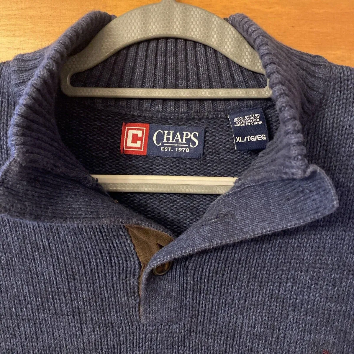 Chaps Sweater Brown 1/4 Button Pullover 100% Cotton Elbow Patches Men ...