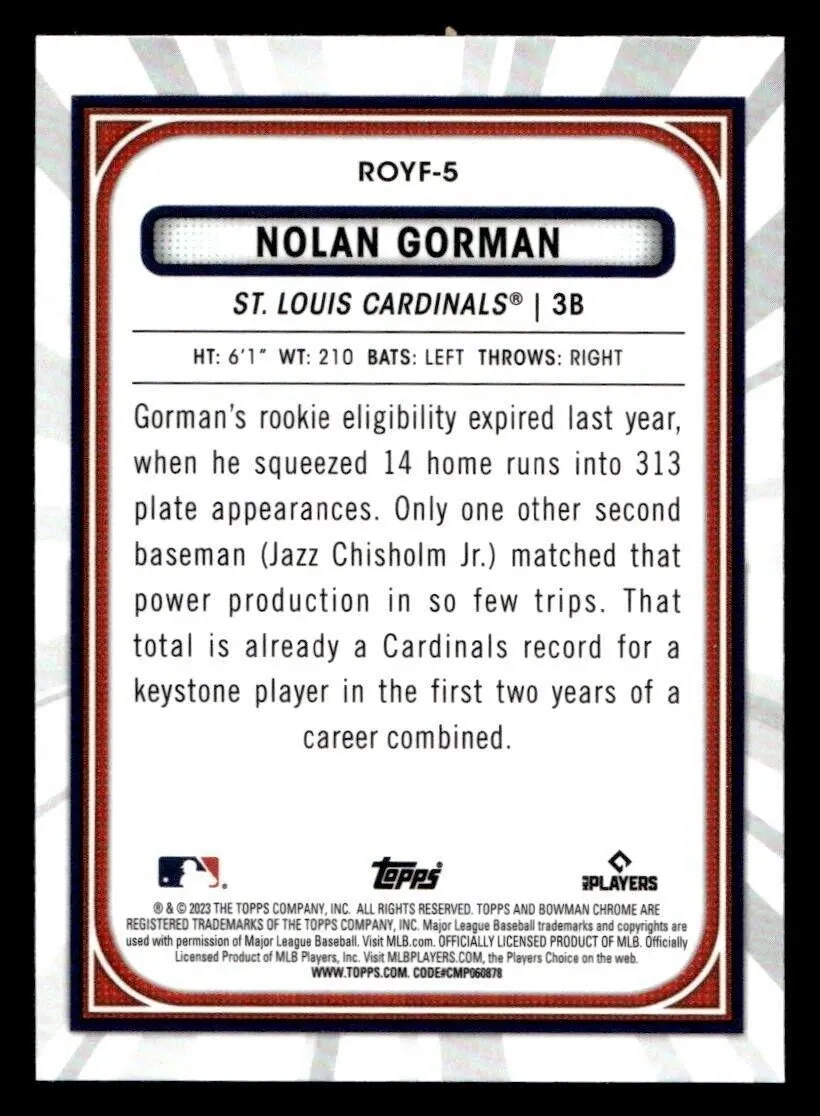 2023 Bowman Chrome Nolan Gorman ROY Favorites Mega Box Mojo Refractor ...