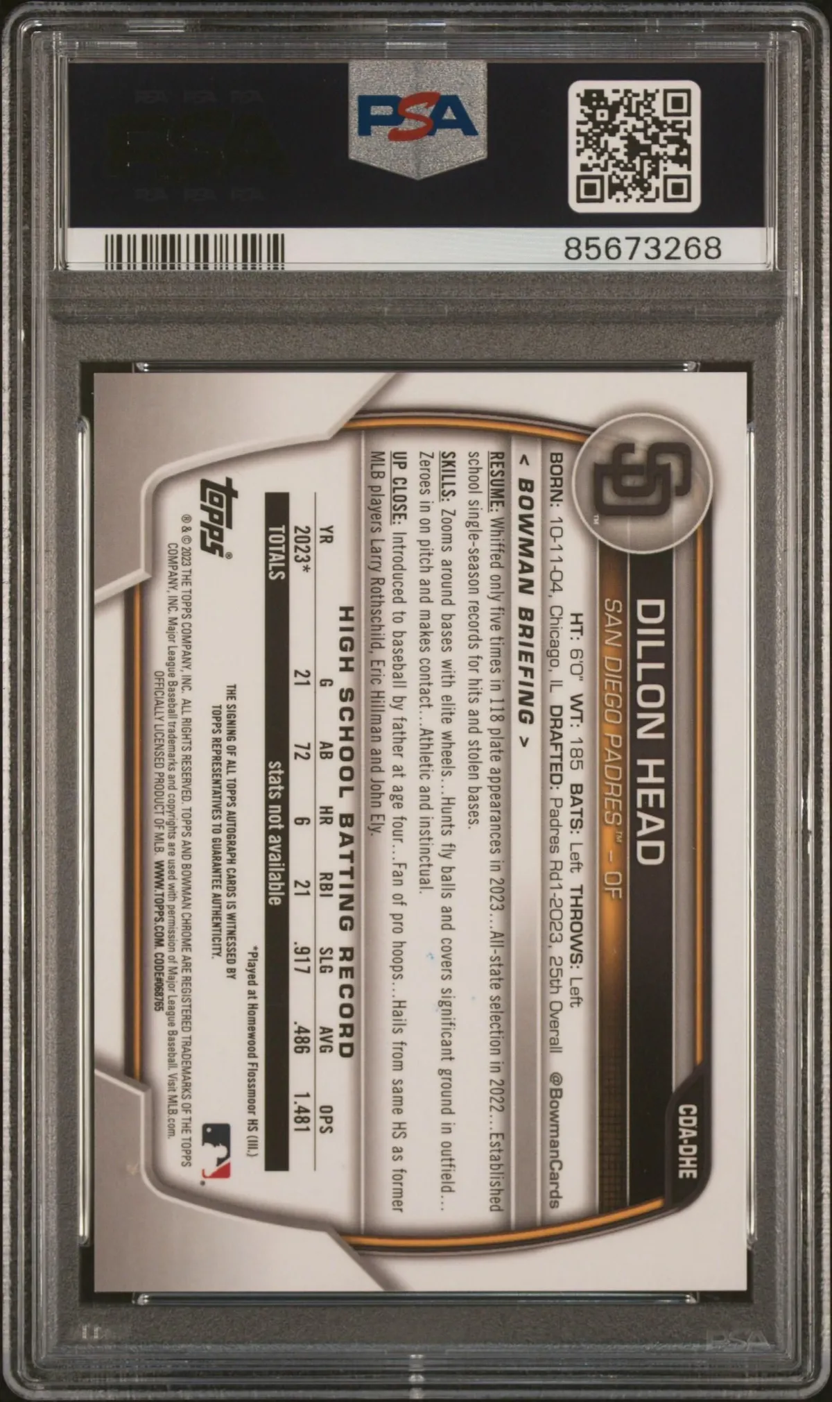 2023 Bowman Draft Chrome Dillon Head Prospect Autograph Auto - PSA 10 ...