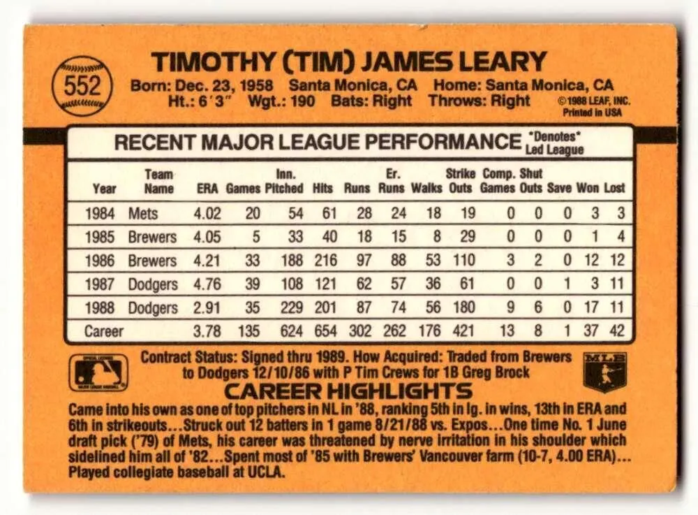 1989 Donruss #552 Tim Leary Los Angeles Dodgers Baseball Cards EX Ex ID ...