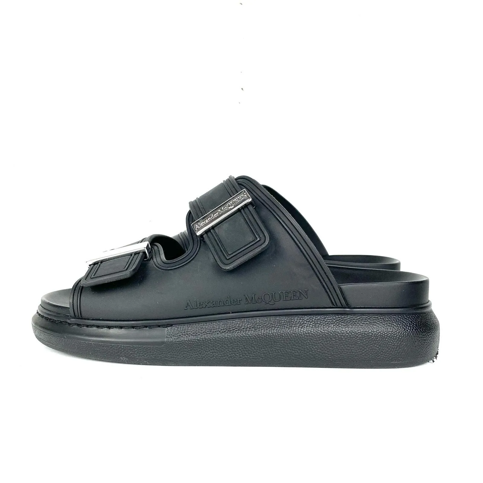 Alexander McQueen Womens Hybrid Slides Black Silver Two Strap Platform ...